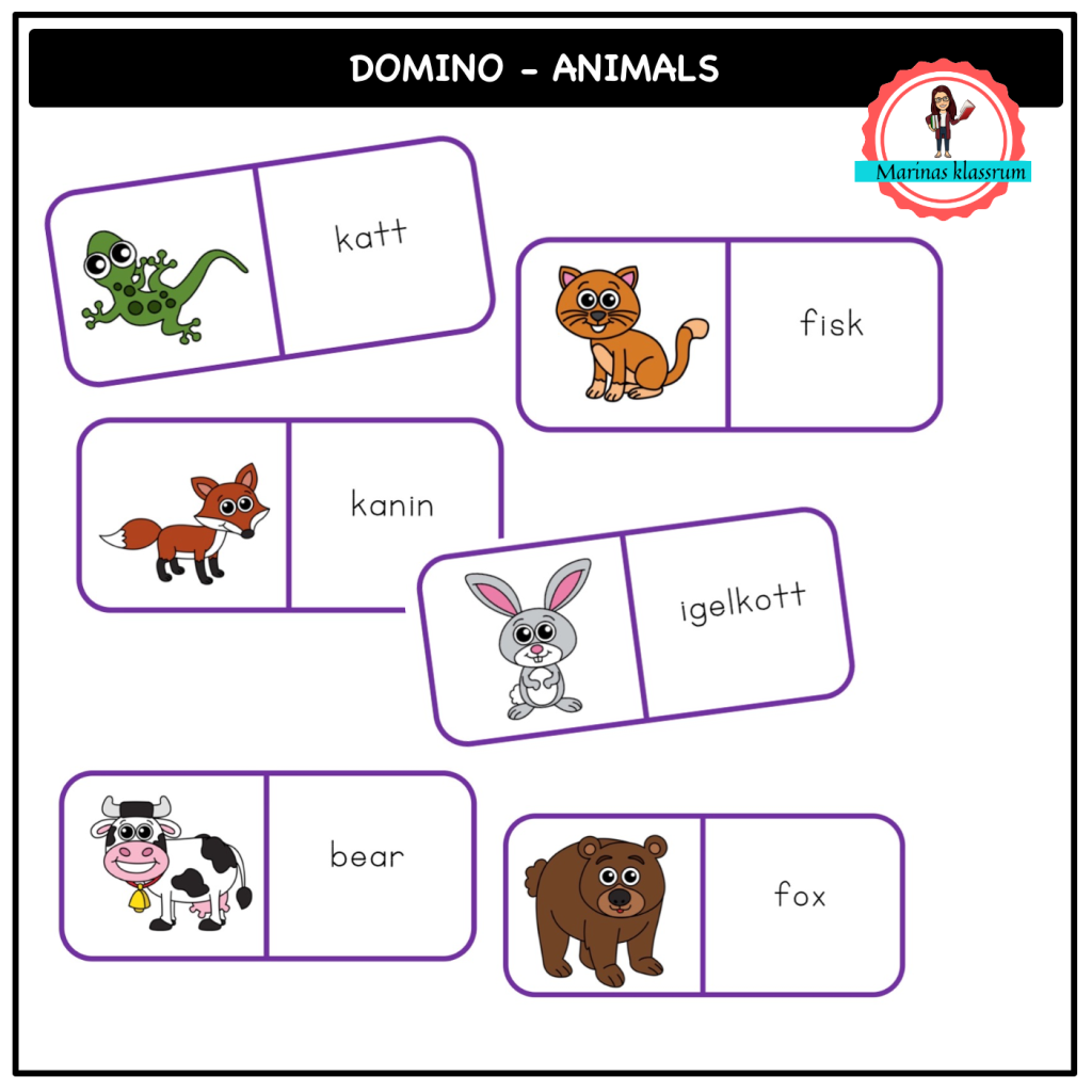 Läsdomino engelska + svenska - djur | Teach Academy Läsdomino engelska + svenska - djur | Teach Academy